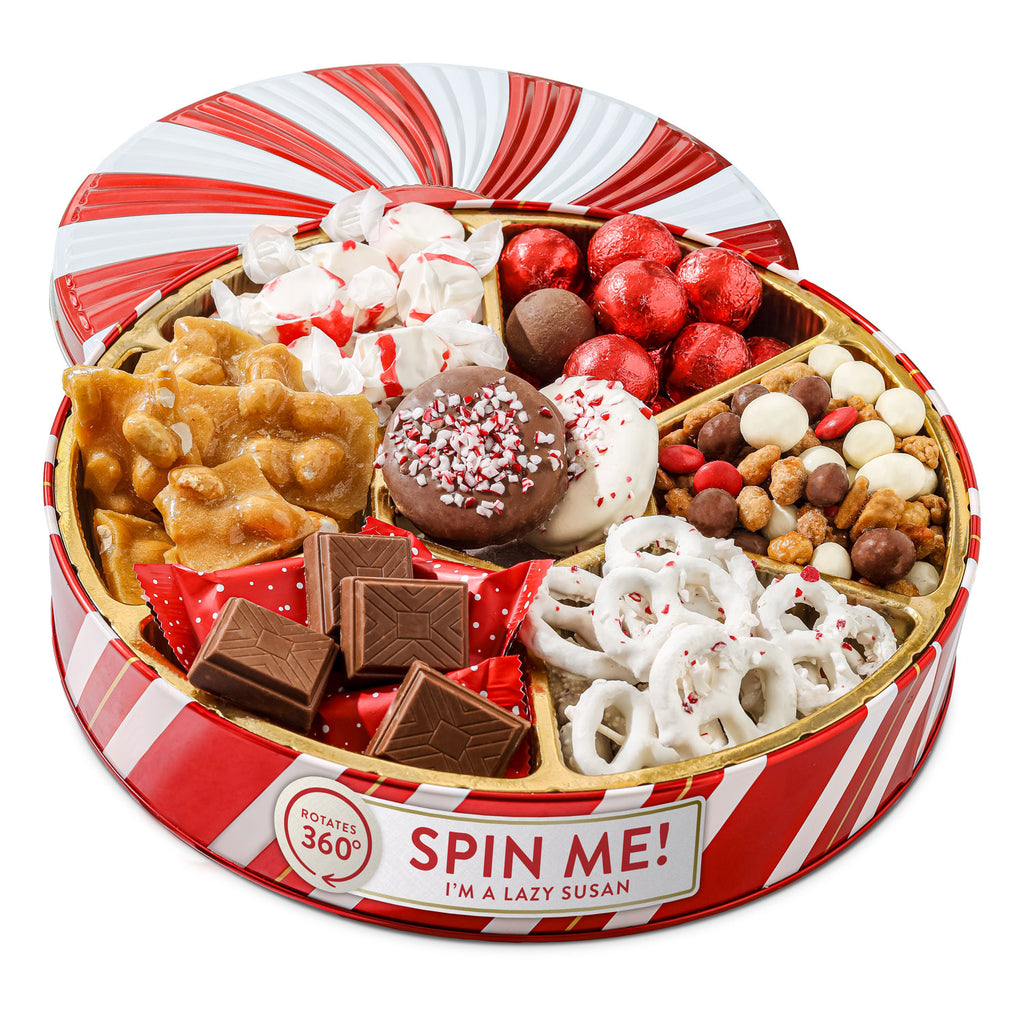 Christmas Gift Basket – Holiday Treat Tin with Built-in Lazy Susan ...